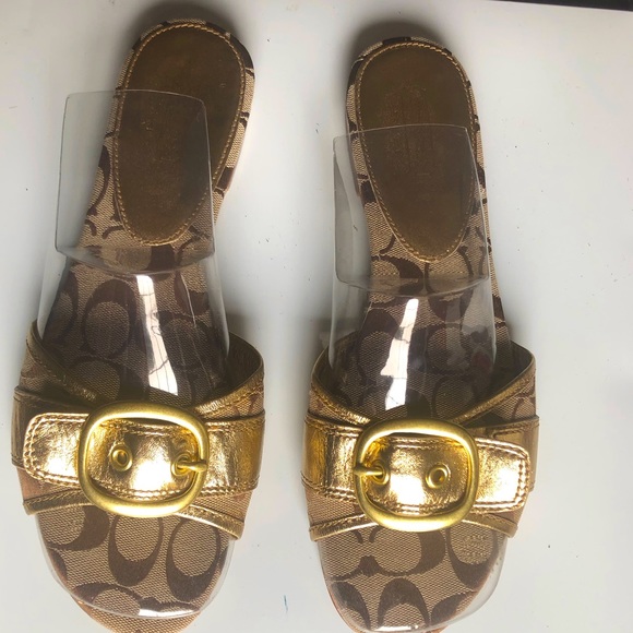 Coach | Shoes | Coach Slides Signature Brown Leather Trim Size 1 | Poshmark